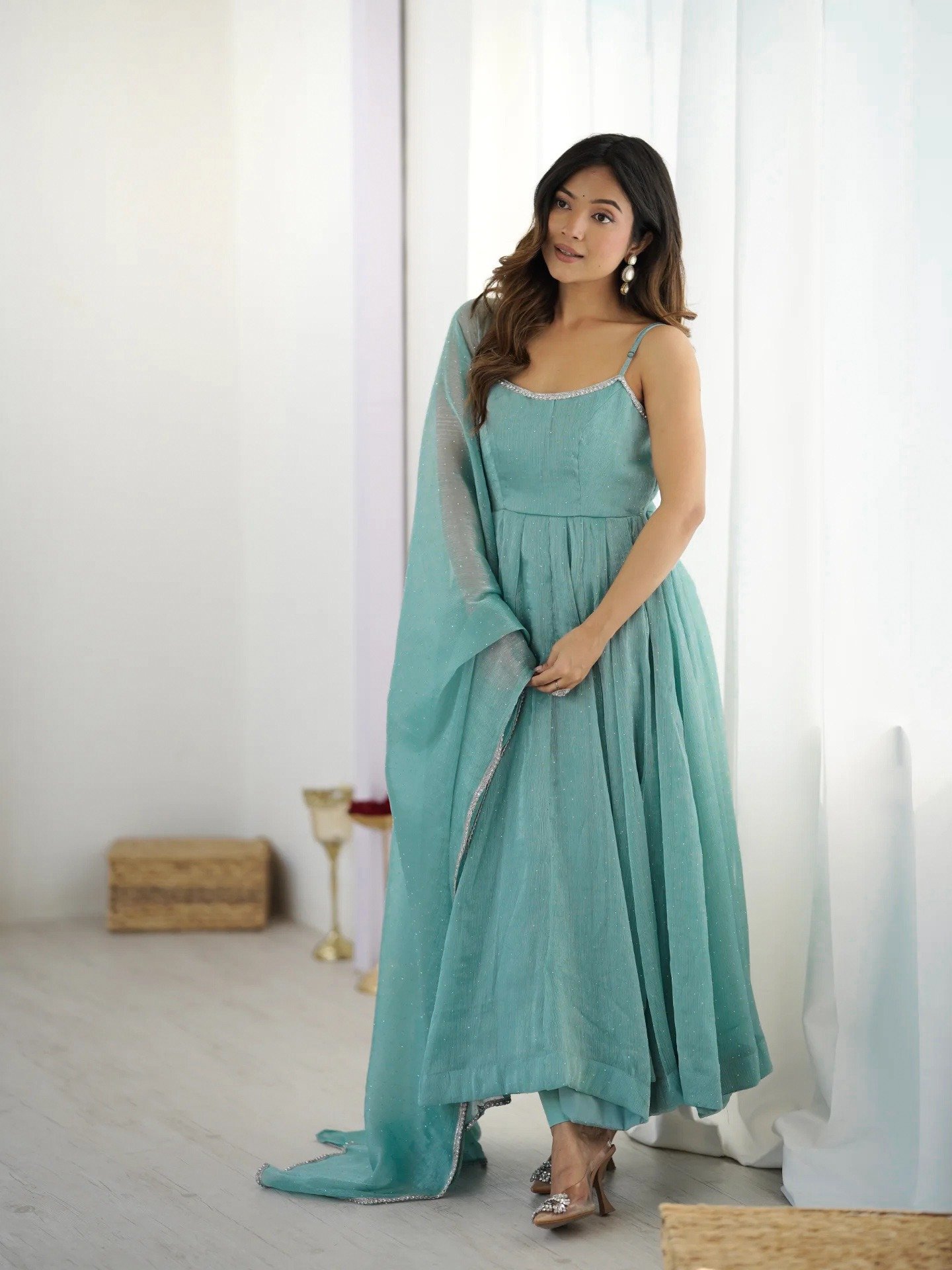 Anarkali Suit Set Crunchy Silk Fabric - Buy Trendy Womens Clothing ...